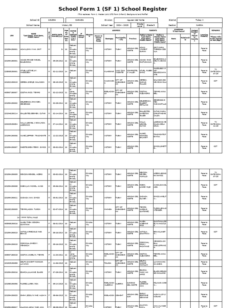 Grade 5 School Register 2024-2025 | PDF