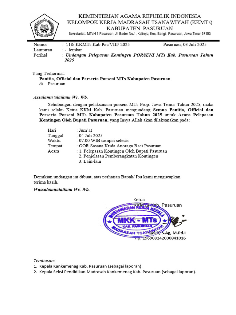 118 Undangan Pelepasan Kontingen Porseni MTs 2025 | PDF