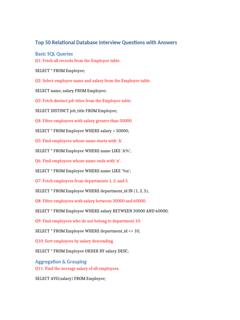 Relational Database Interview Questions With Sections | PDF | Data ...