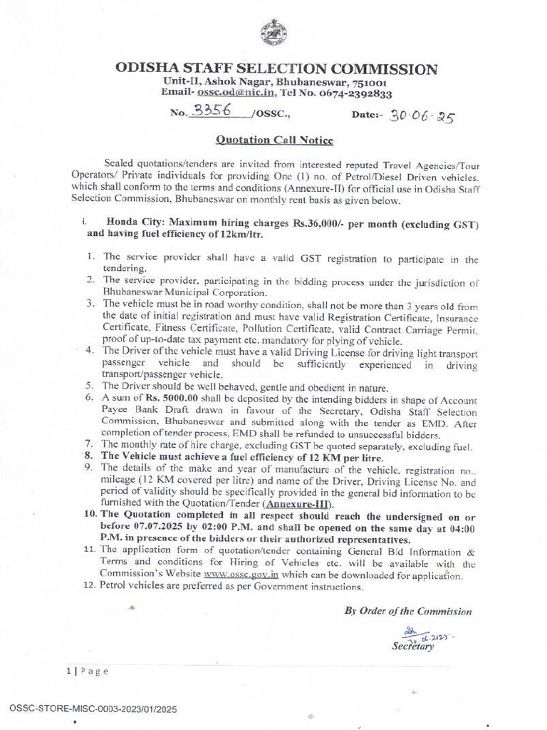 Quotation Call Notice For Hiring One Honda City For The Use of The ...