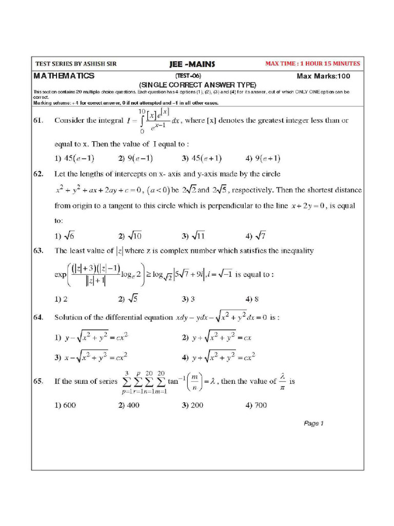 Test 06 - Test Paper, Answer Key & Detailed Solution - Prayas JEE 2025 ...