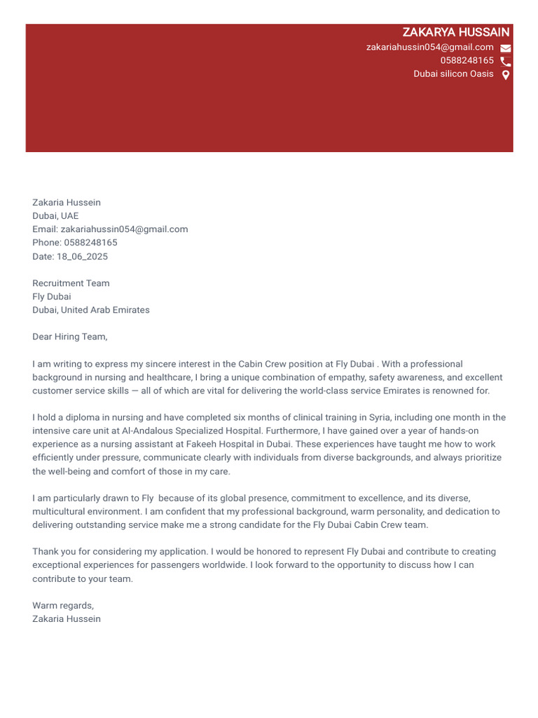 Cabin Crew Cover Letter for Fly Dubai | PDF