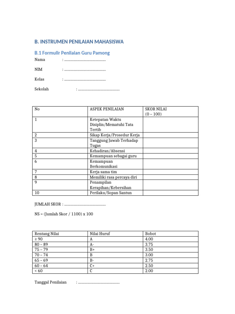 Formulir Penilaian Mahasiswa | PDF