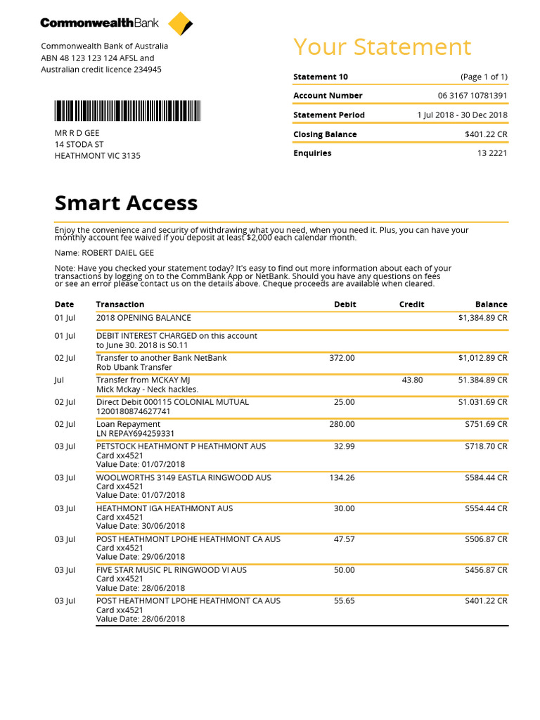 Commonwealth Bank Smart Access Statement | PDF | Debit Card | Banks