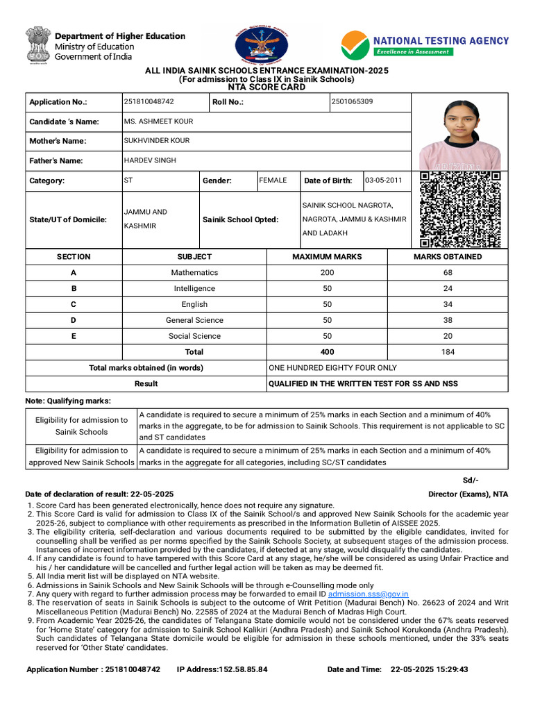 All India Sainik Schools Entrance Exam - Aissee - 2025 - India | PDF