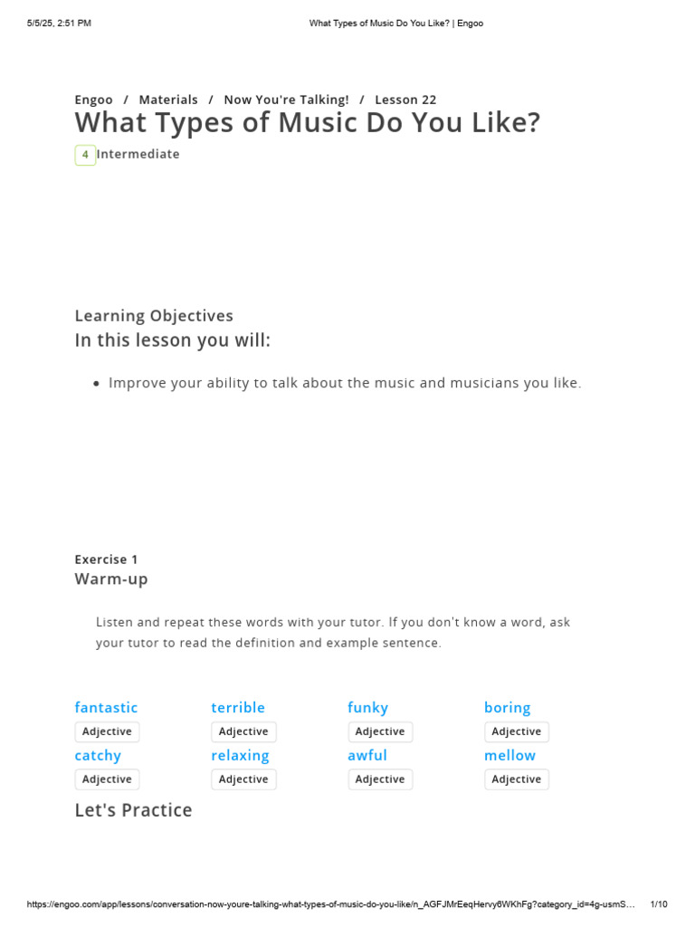 What Types of Music Do You Like - Engoo | PDF | Adjective | Noun