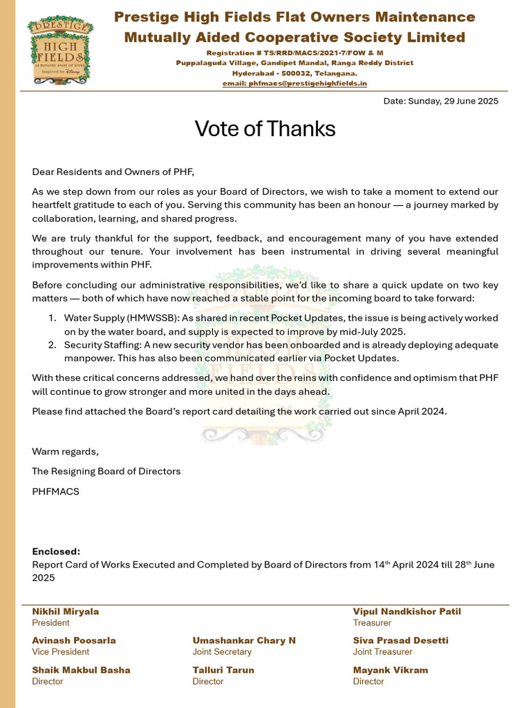 Vote of Thanks and Progress Report | PDF | Home
