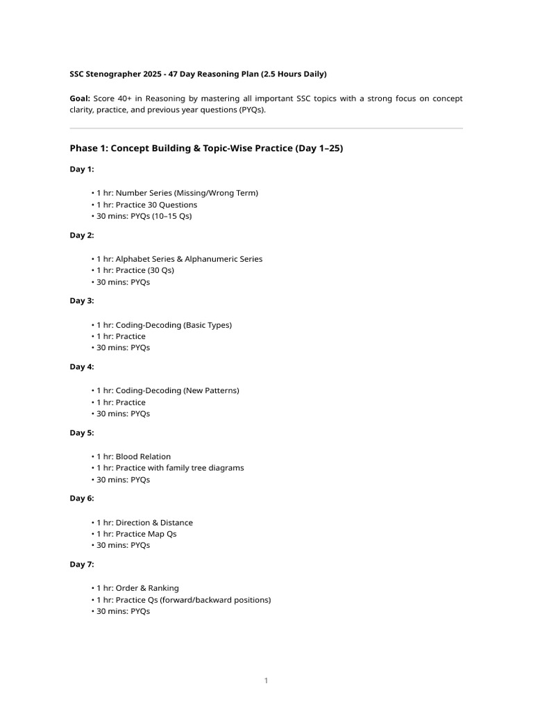 SSC Stenographer 47-Day Reasoning Plan | PDF