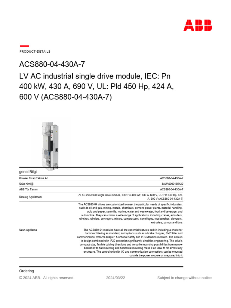 Acs880!04!430a-7 Abb Inverter | PDF
