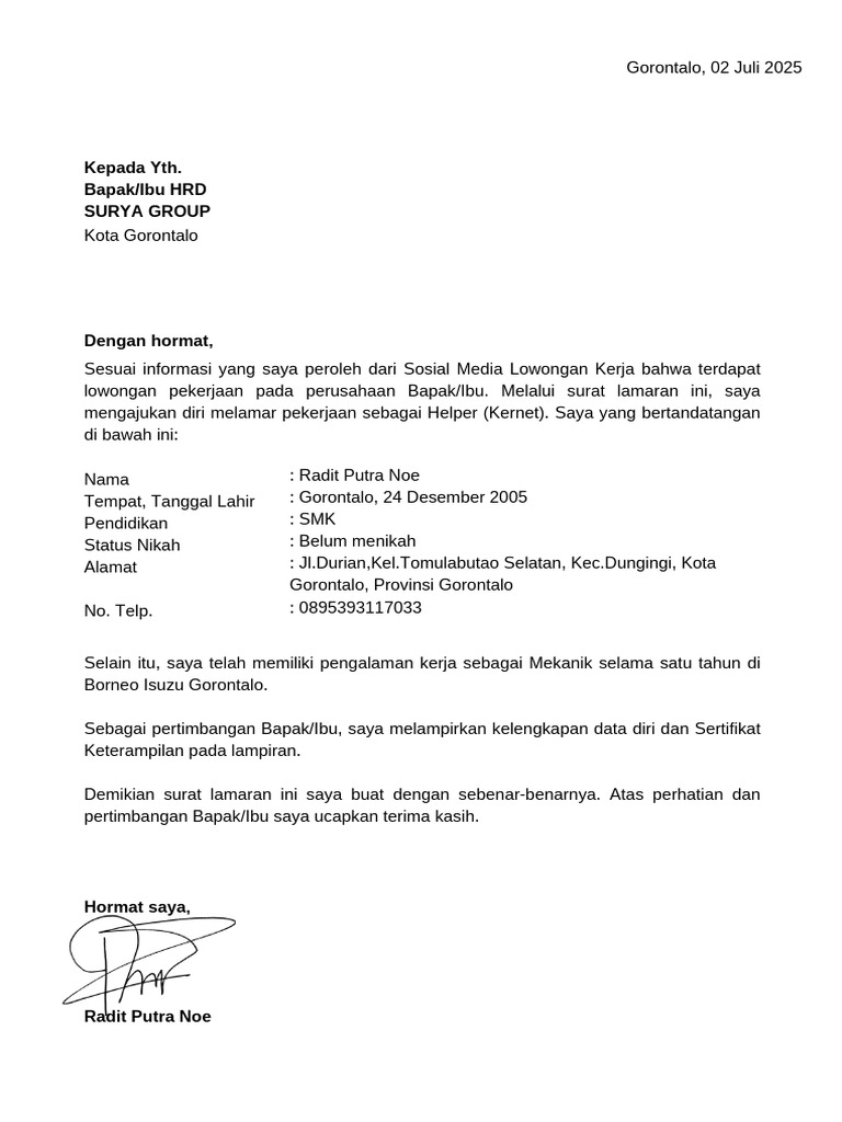 Surat Lamaran Kerja Radit | PDF