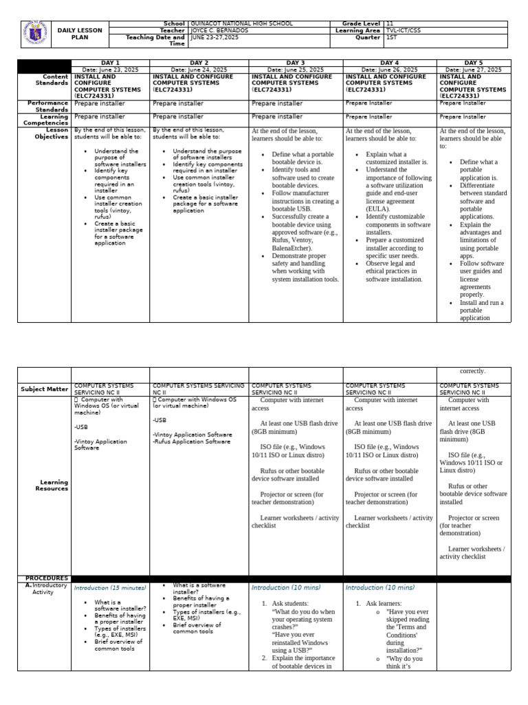 Computer Systems Servicing First Quarter | PDF | Installation (Computer ...
