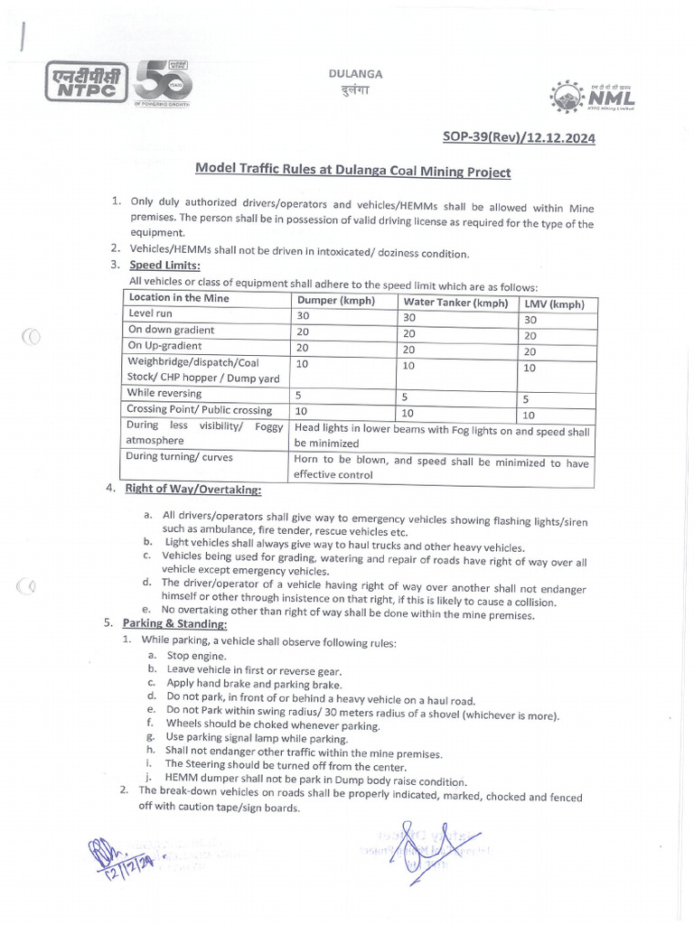 SOP For Model Traffic Rules at DLCMP in Mines | PDF