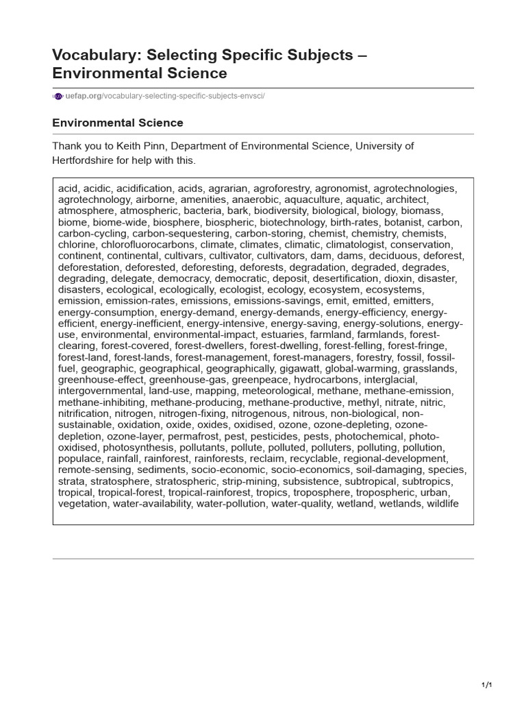 Vocabulary Selecting Specific Subjects Environmental Science | PDF ...