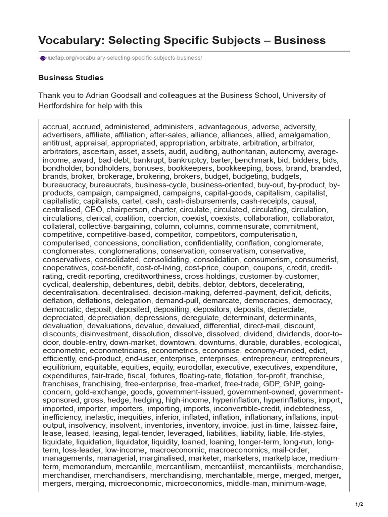 Vocabulary Selecting Specific Subjects Business | PDF | Macroeconomics ...