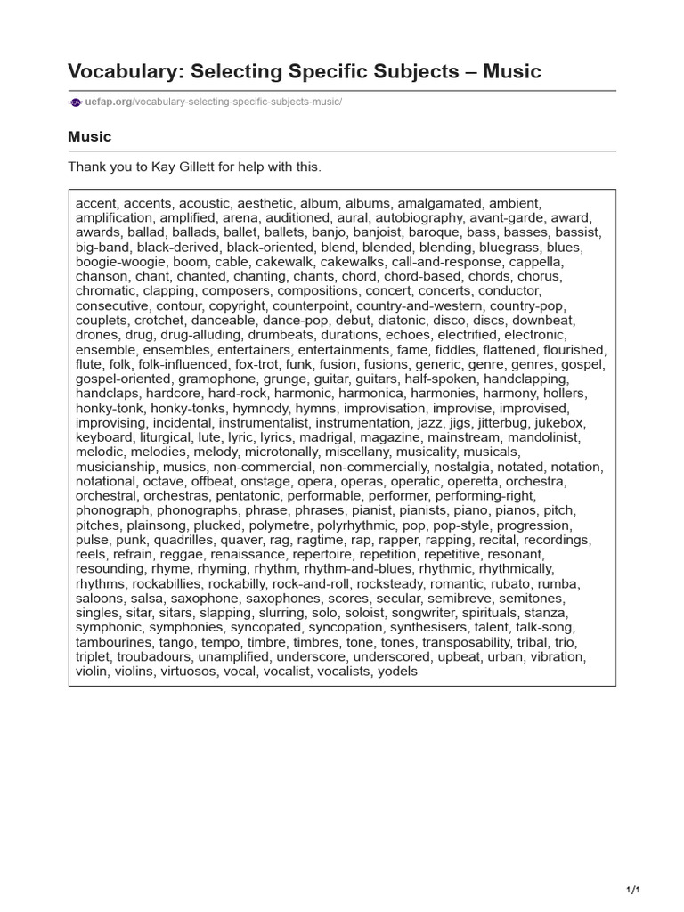 Vocabulary Selecting Specific Subjects Music | PDF | Harmony | Orchestras