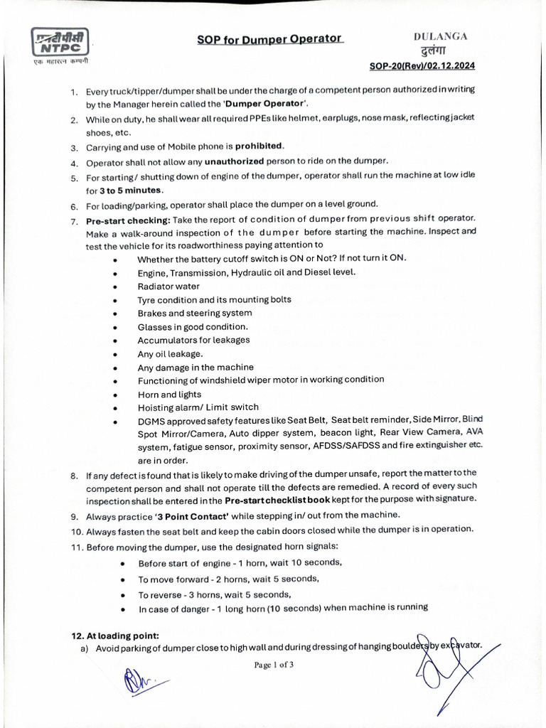 20.SOP For Dumper Operator | PDF