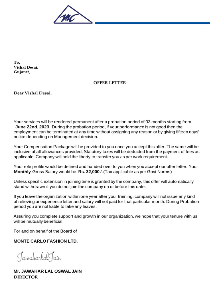 Offer Letter - Vishal Desai | PDF