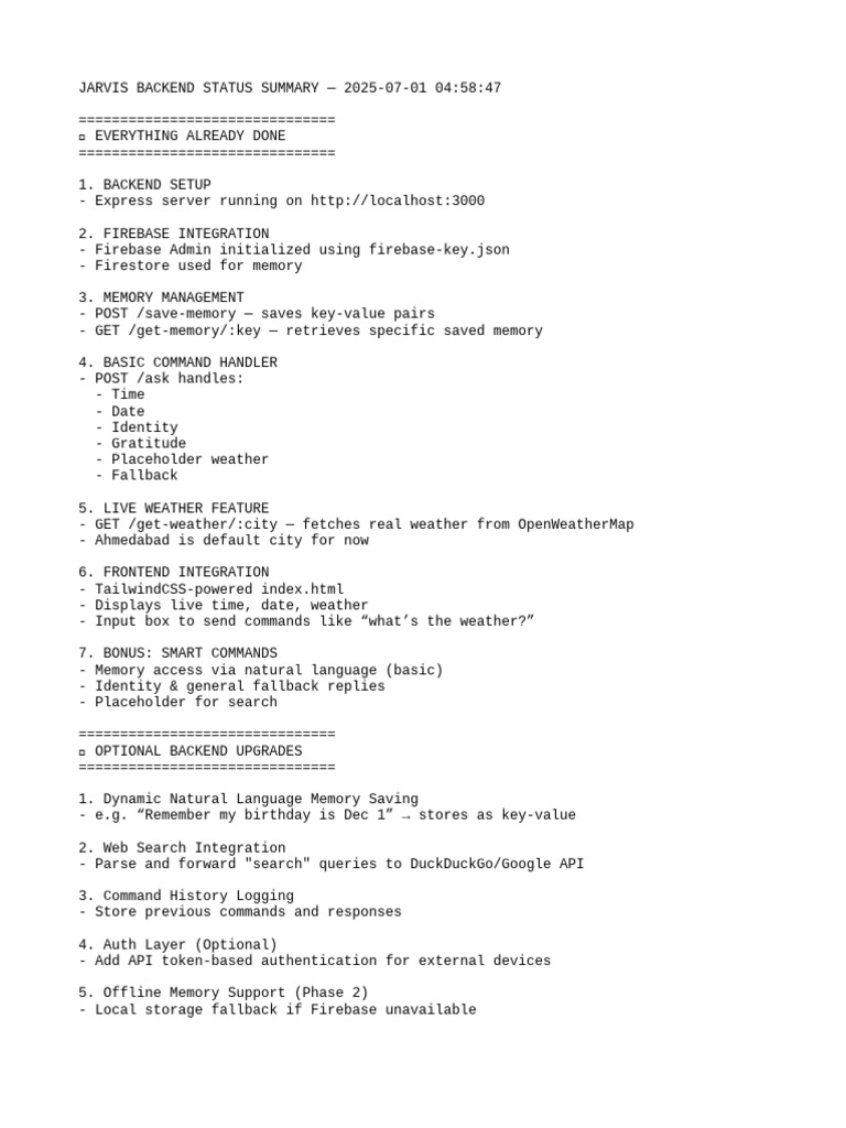 Jarvis Backend Summary | PDF