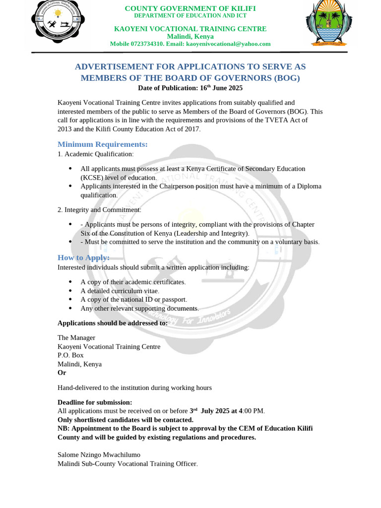 BOG Advert KAOYENI 2025 | PDF