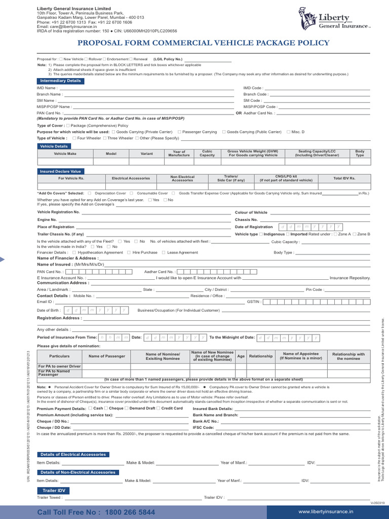 Commercial Vehicles Package Policy Proposal Form | PDF | Insurance | Cheque