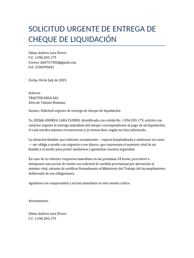 Carta Urgente Entrega Cheque Gilma | PDF
