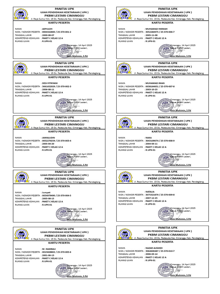 Kartu Peserta Ujian Paket C PKBM Lestari | PDF