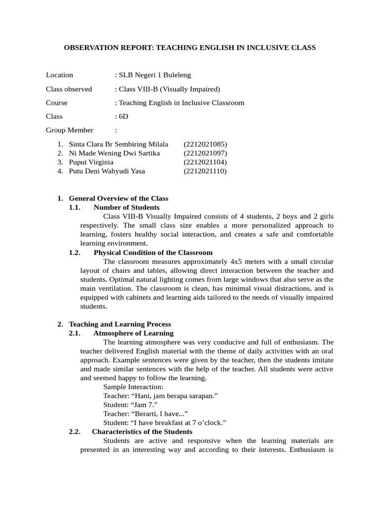 Group 1 - Observation Report SLB Negeri 1 Buleleng | PDF | Teachers ...