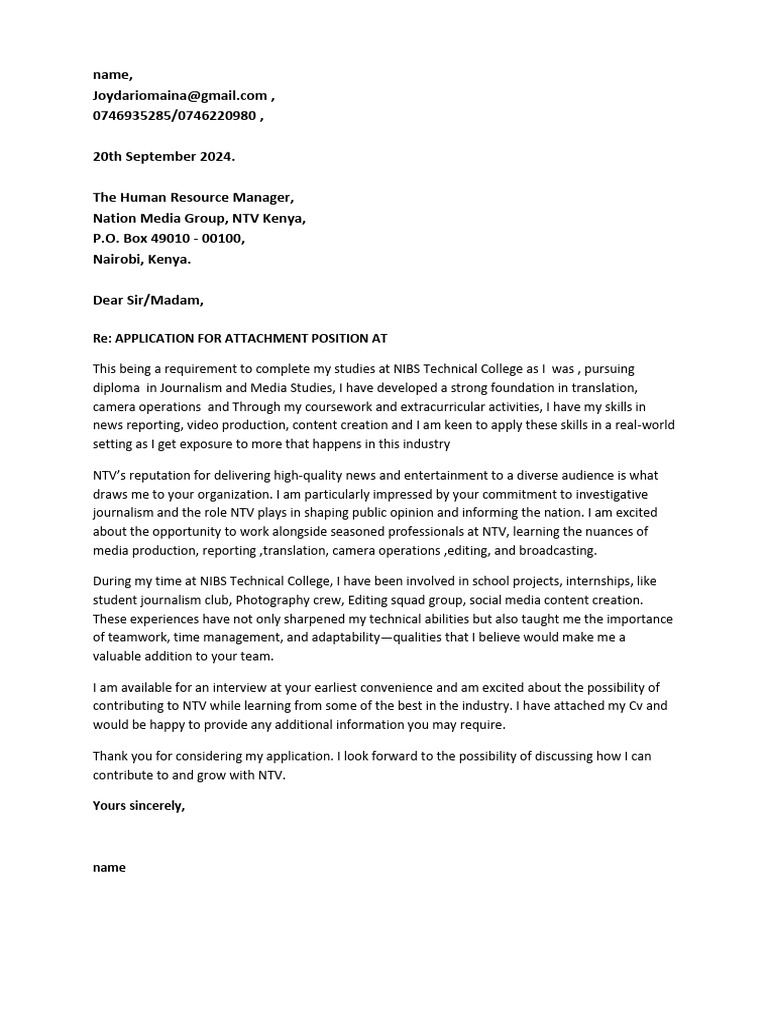 Application for NTV Internship Position | PDF
