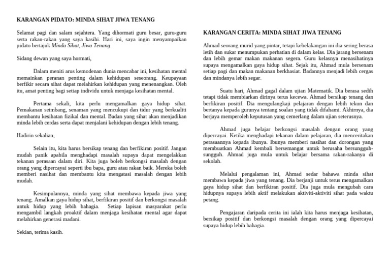 Karangan Pidato & Cerita Minda Sihat Jiwa Tenang | PDF