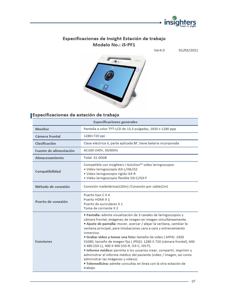 Especificaciones de Insight Workstation is-PF1 | PDF | USB | Vídeo