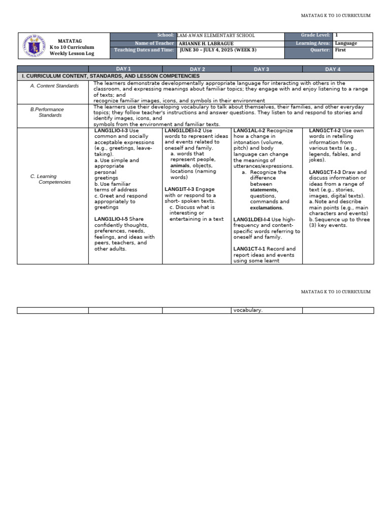 Dll Matatag Language 1 q1 w3 | PDF