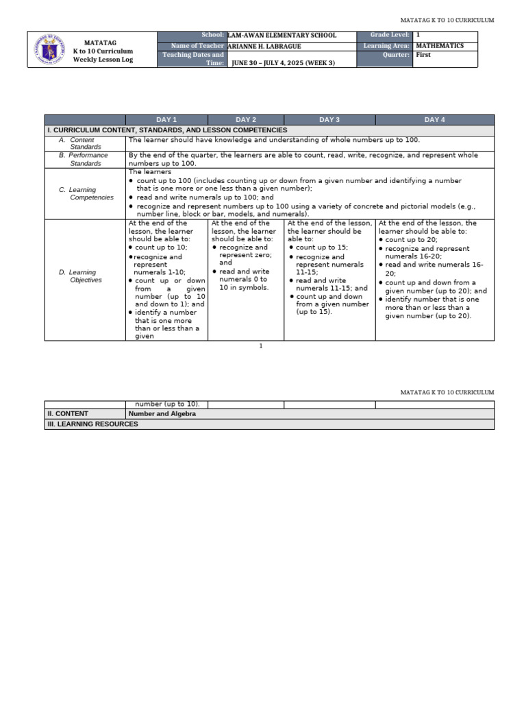 DLL Matatag - Mathematics 1 - Q1 - W3 | PDF | Curriculum | Learning