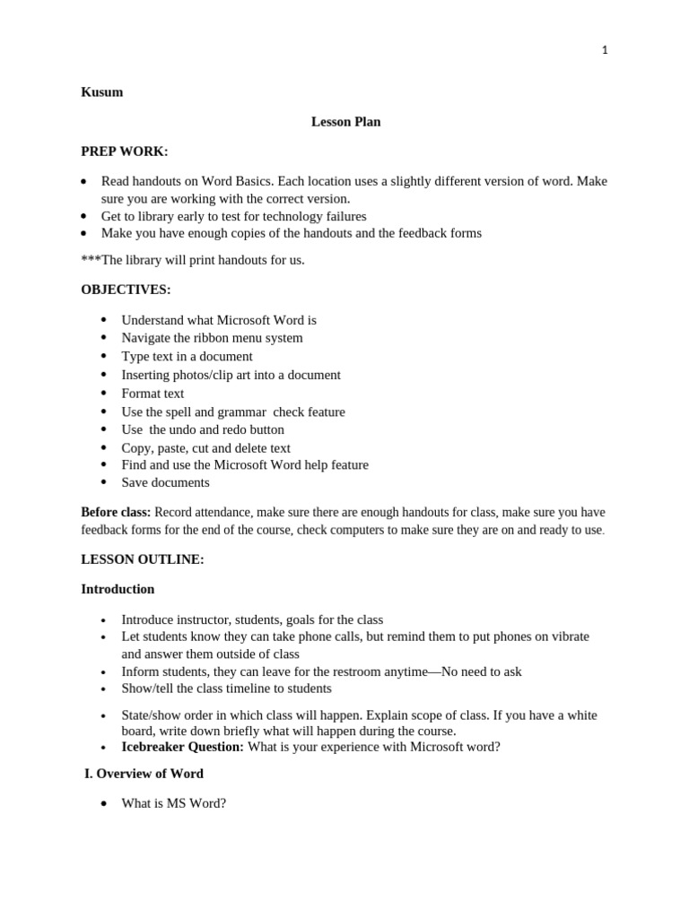 Word Basics Lesson Plan (Kusum) | PDF | Microsoft Word | Software