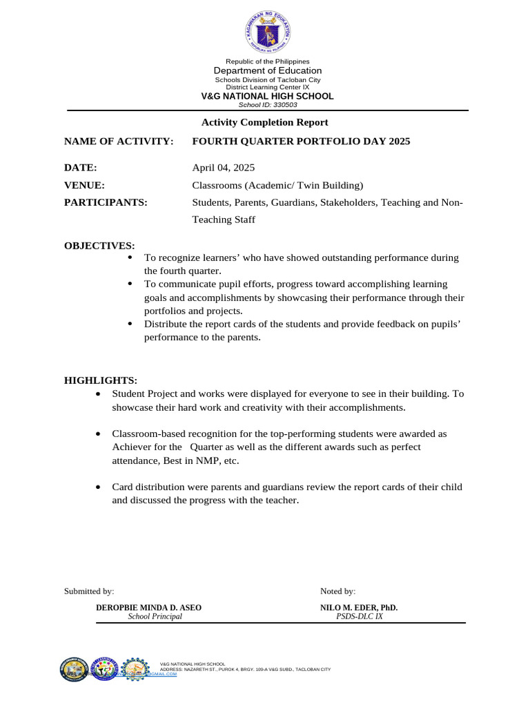 Fourth Quarter Portfolio Day Report | PDF | Cognition | Education Theory