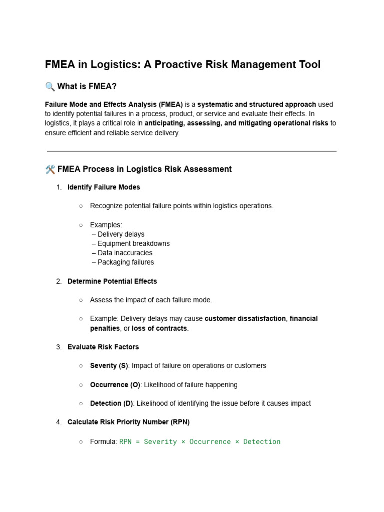 FMEA in Logistics - A Proactive Risk Management Tool | PDF | Logistics ...