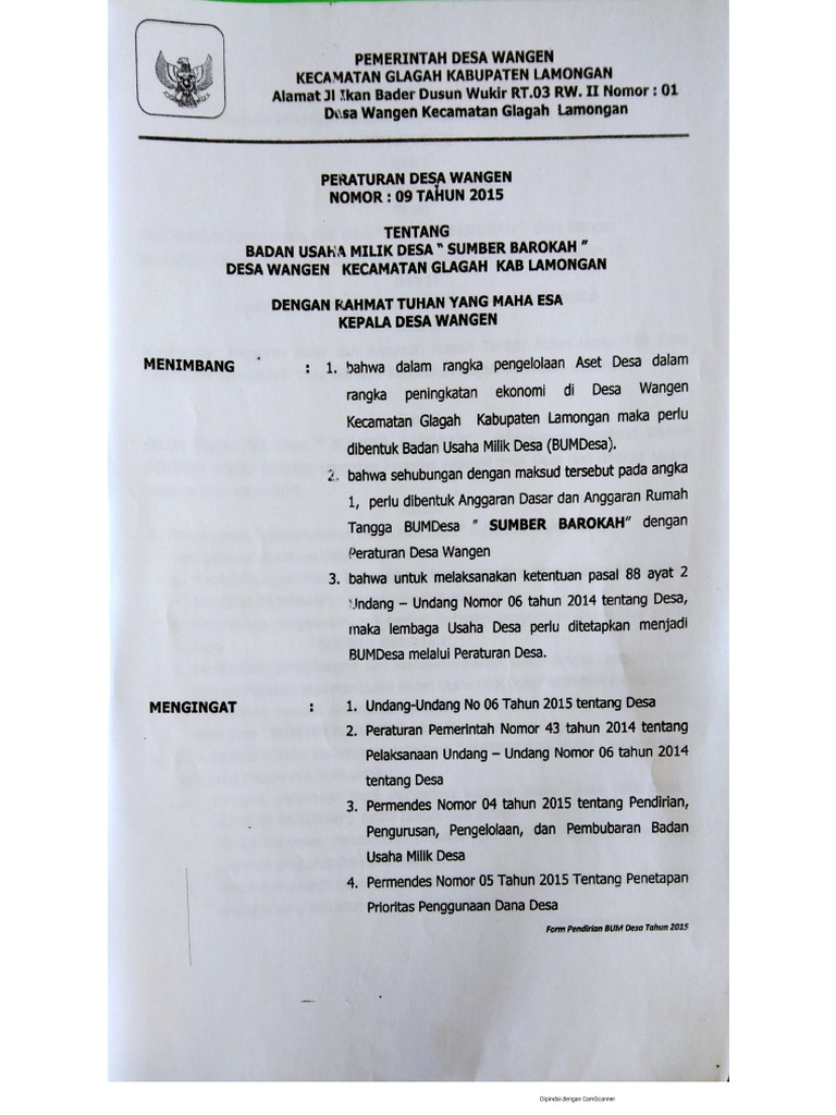Perdes Bumdes Desa Wangen | PDF