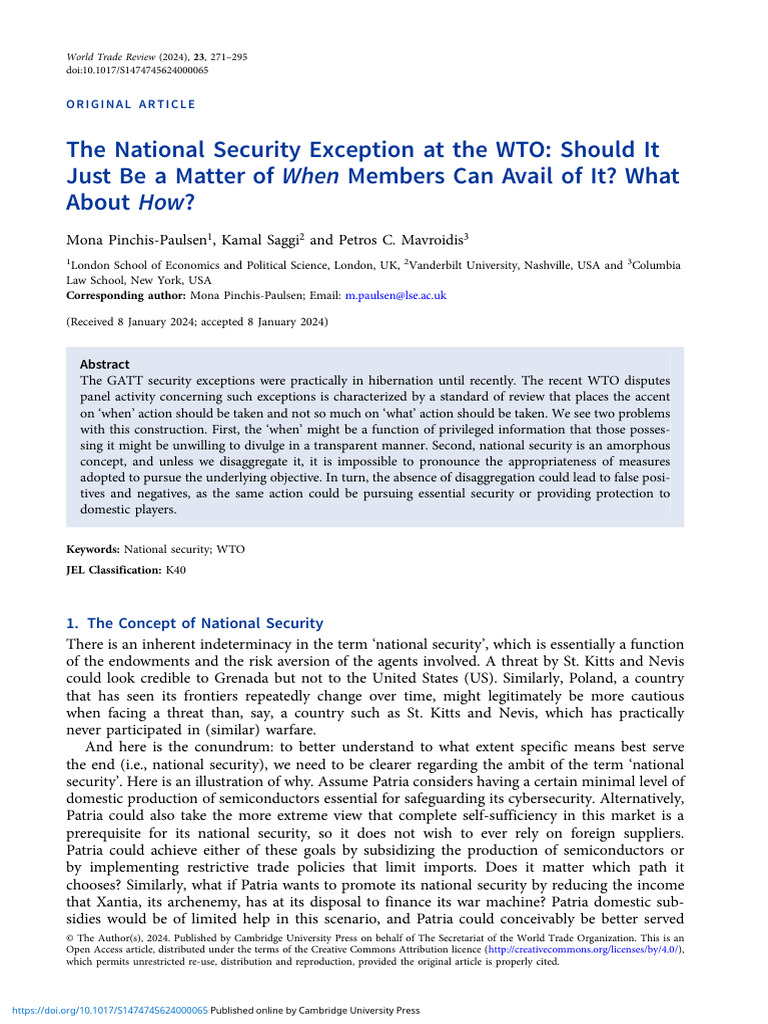 The National Security Exception at The Wto Should It Just Be A Matter ...