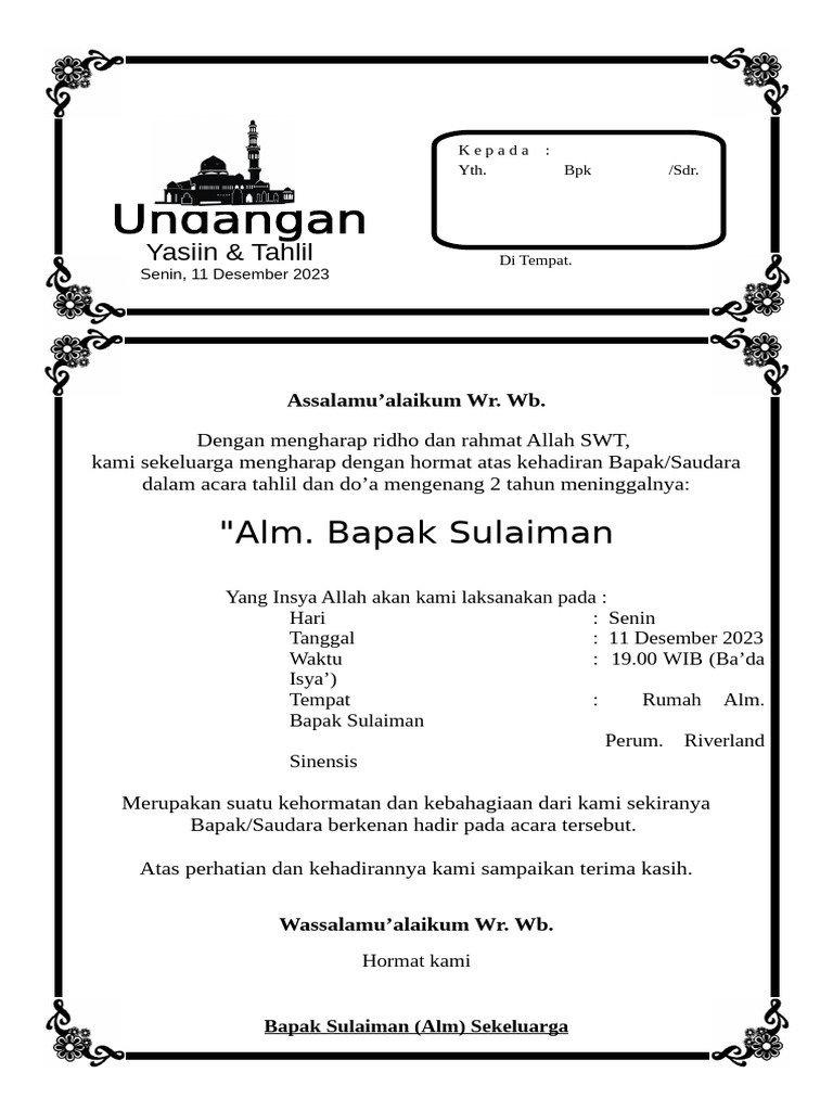 Undangan Tahlil 2 Tahun (Mendak Kedua) - Contohtext | PDF