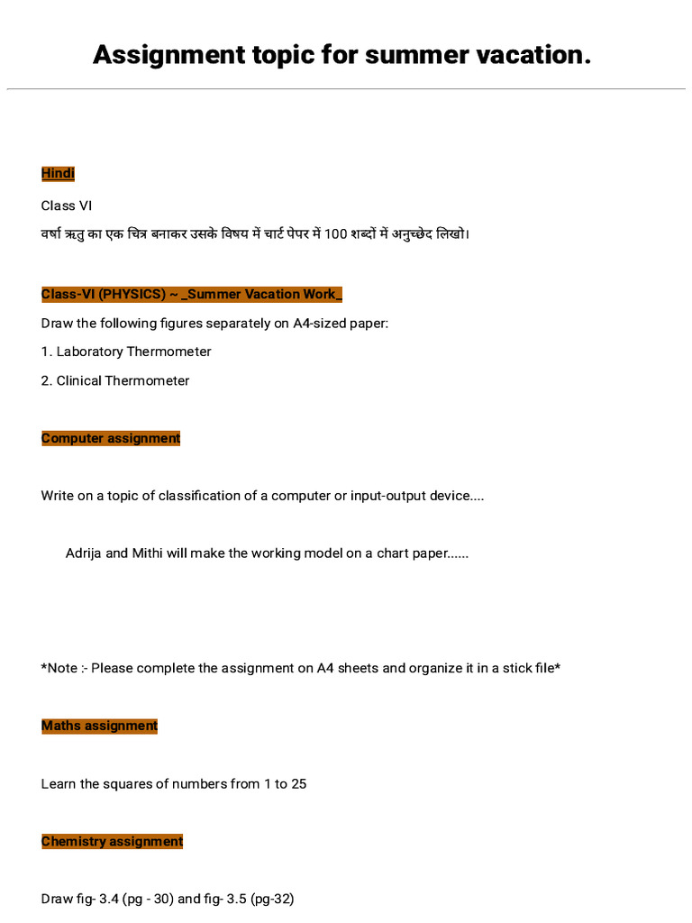 Assignment Topic For Summer Vacation.: Hindi | PDF