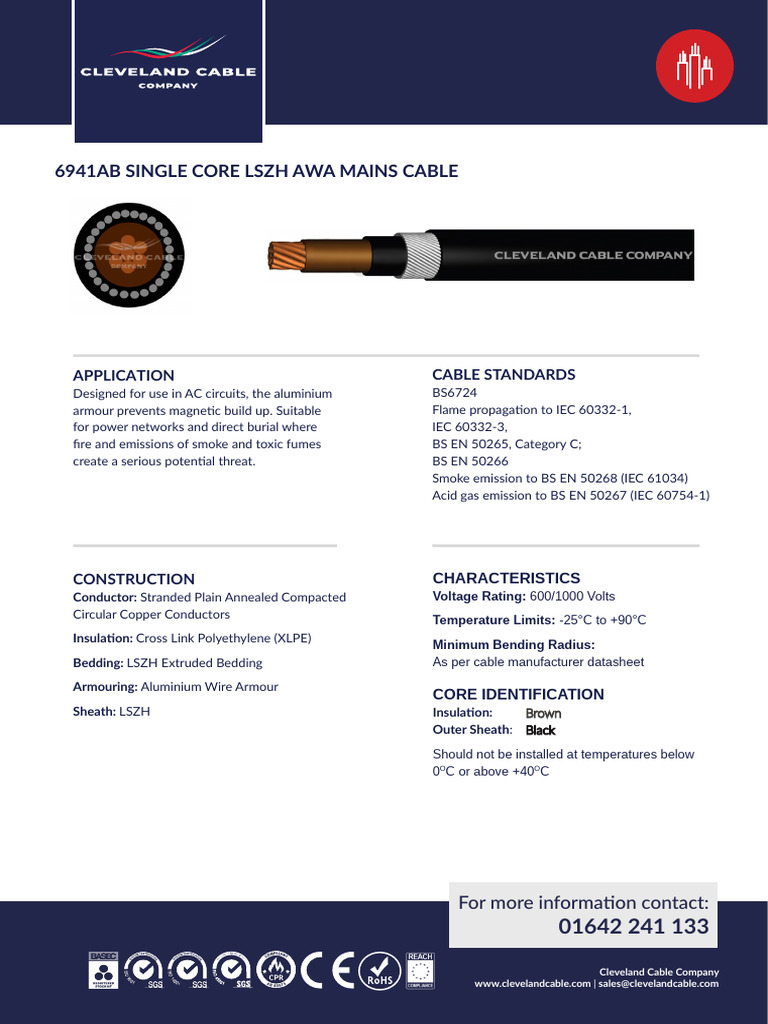 6941AB LSZH AWA Single Core Mains Cable | PDF | Electrical Conductor | Wire