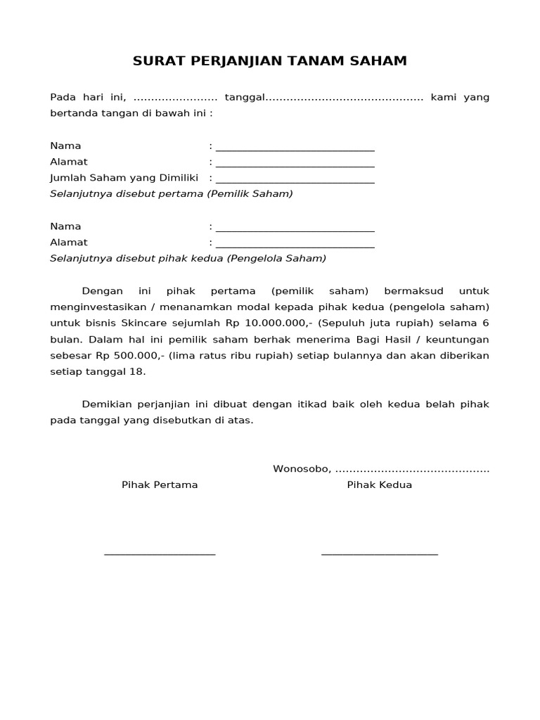 Surat Perjanjian Tanam Saham Skincare | PDF