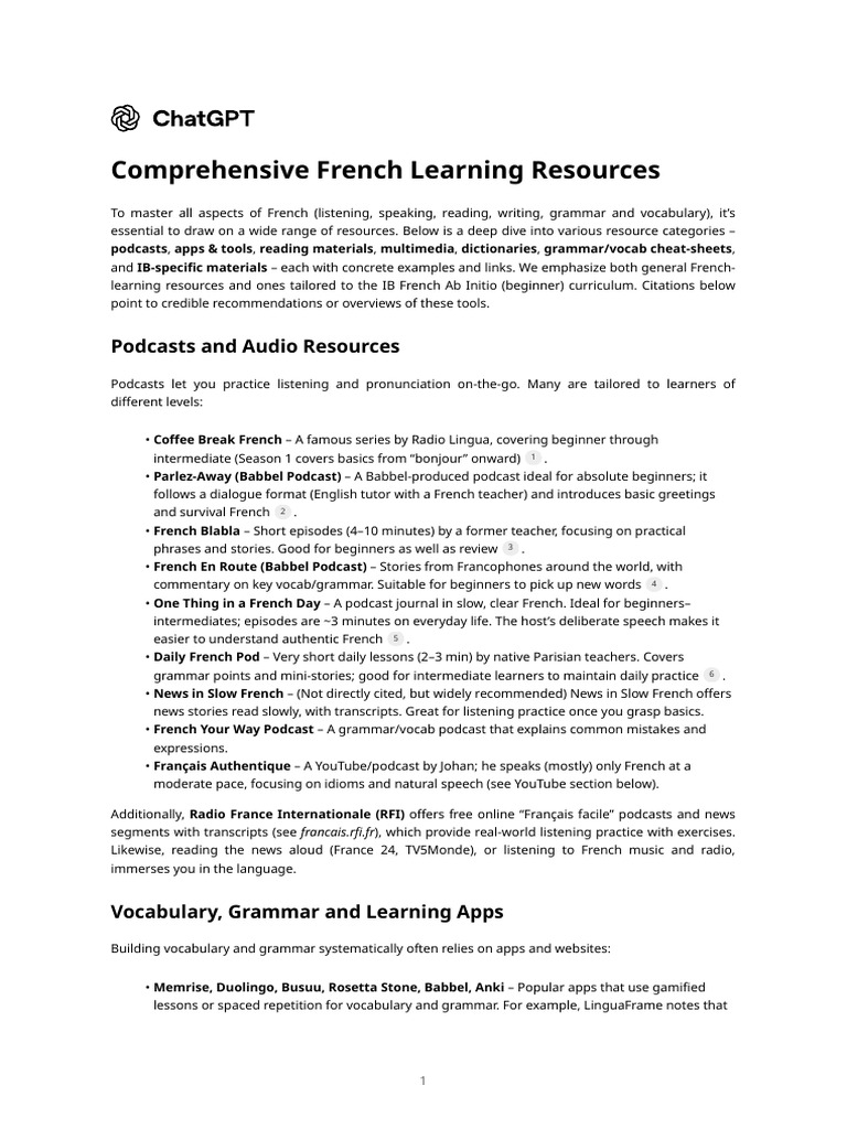 Essential French Learning Resources | PDF | Vocabulary | French Language