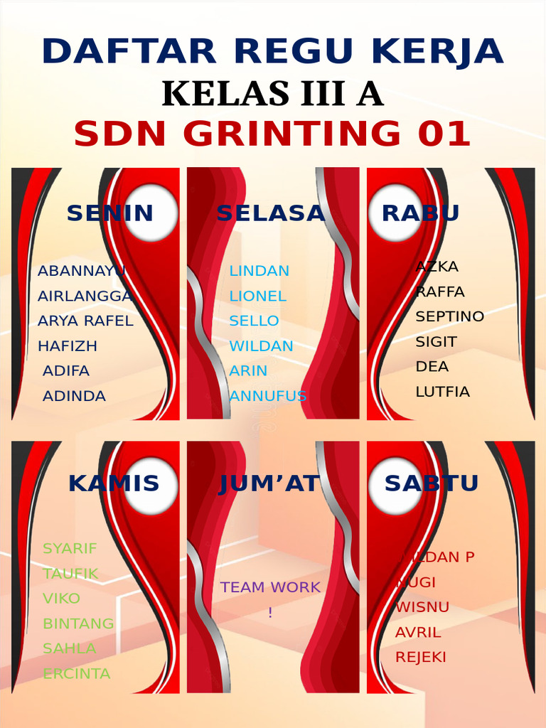 Daftar Regu Kerja Kelas 3a 2023-2024 | PDF