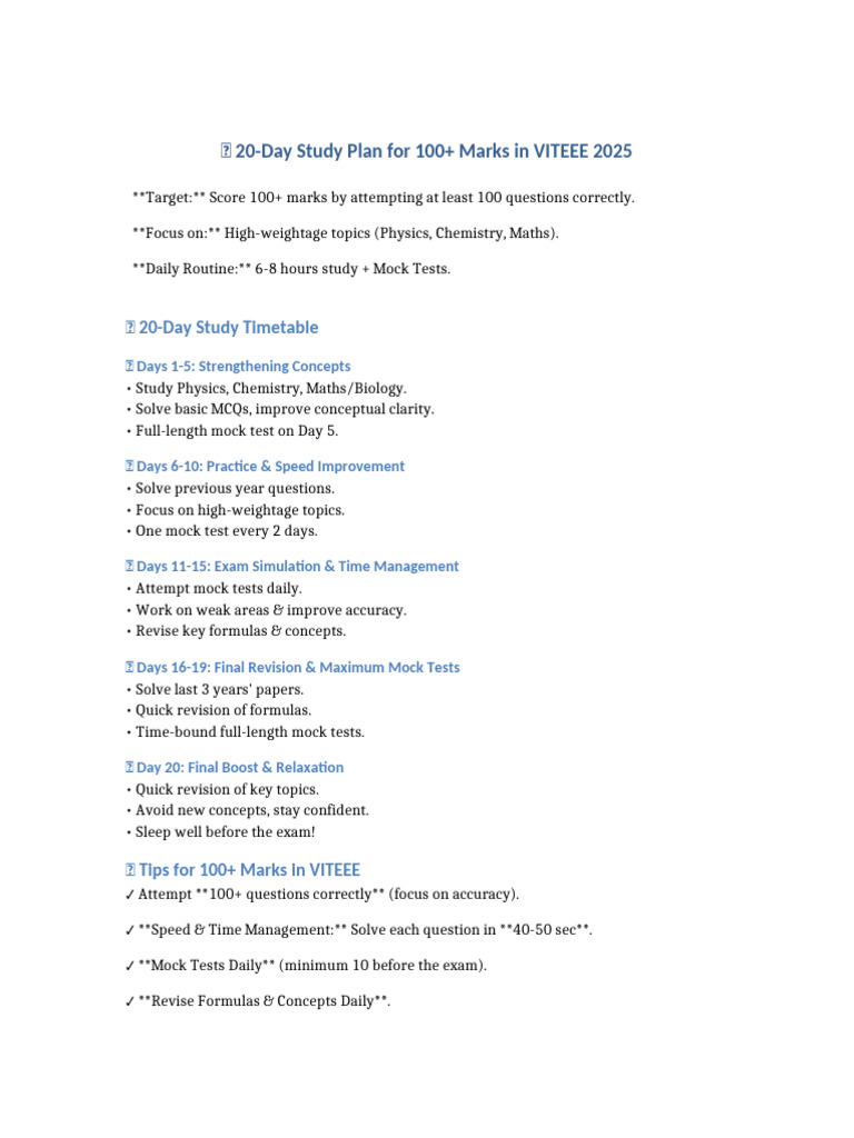 VITEEE 20 Day Study Plan | PDF