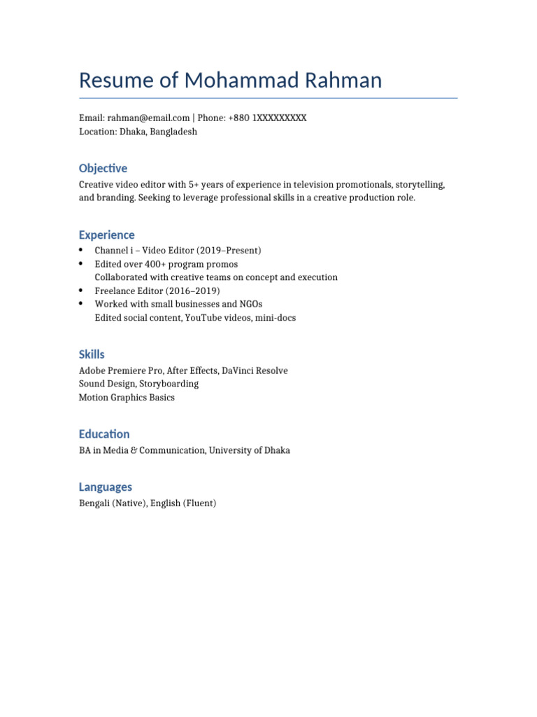 Video Editor Resume - Mohammad Rahman | PDF
