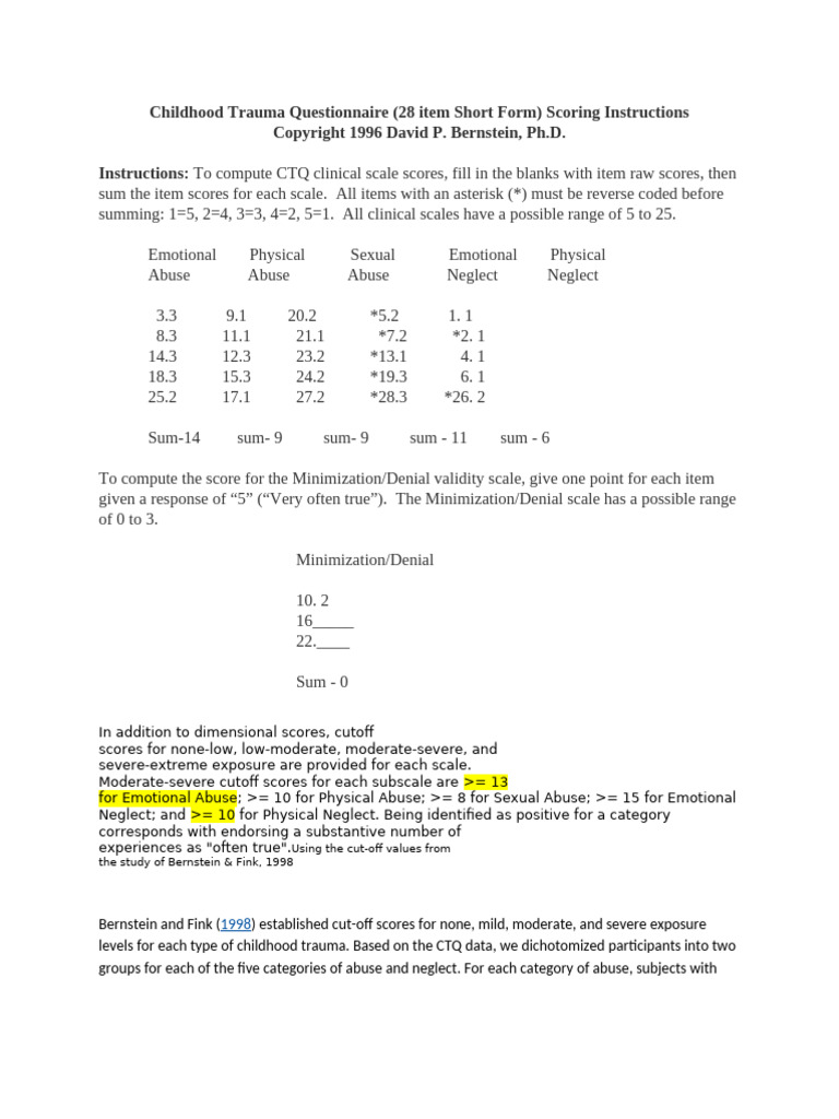 Childhood Trauma Questionnaire Scoring | PDF | Psychological Trauma ...
