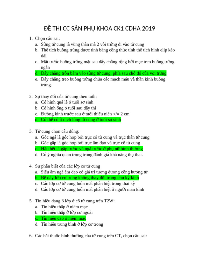 Đề Thi CC Sản Phụ Khoa CK1 Cdha 2019-2015 | PDF