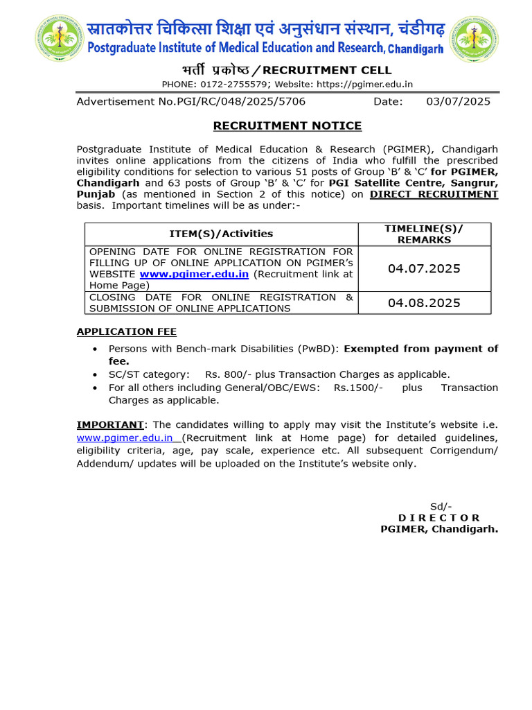 PGIMER Nursing Officer Recruitment 2025 | PDF