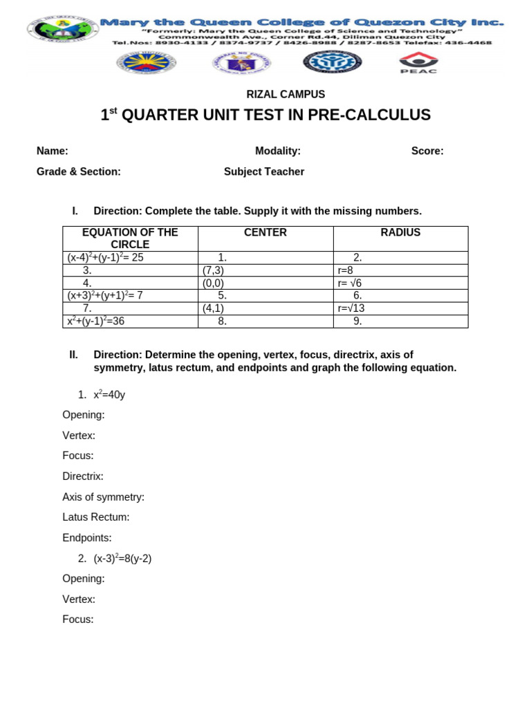Pre-Calculus Unit Test: Circles & Parabolas | PDF