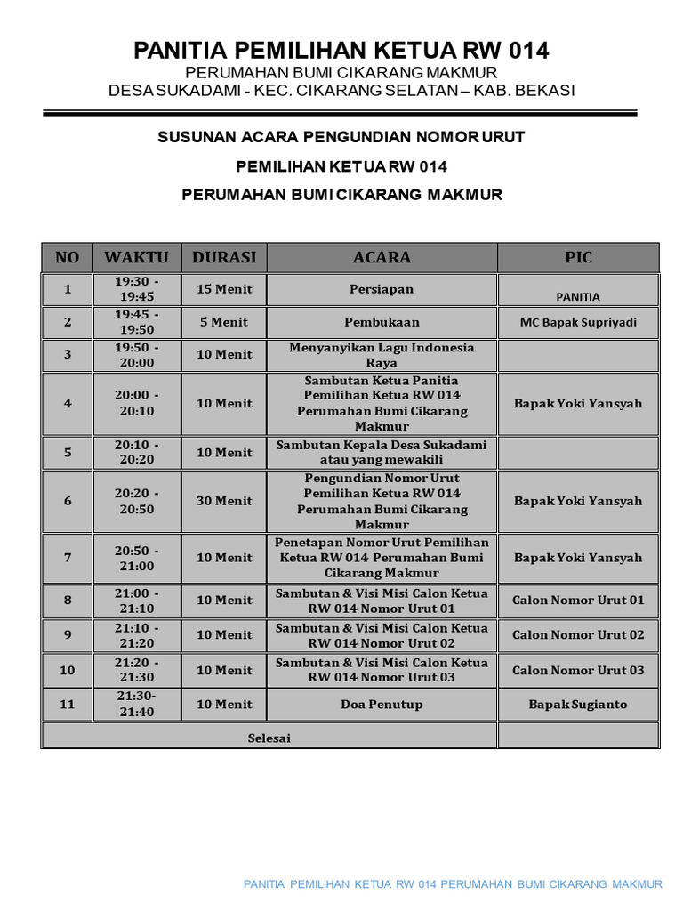 Susunan Acara Pengundian Nomor Urut | PDF